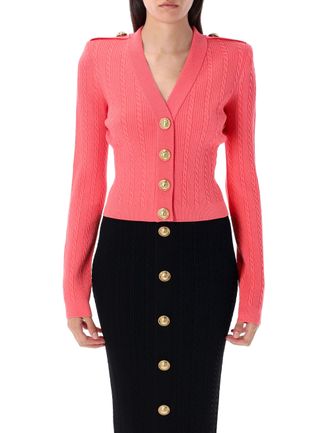 Balmain Lang&auml;rmliger Ripp- und Zopfmuster-Cardigan