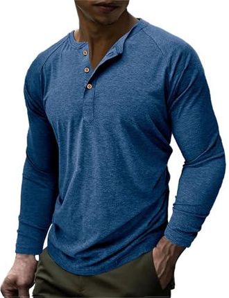 Generic Henley Chemise &agrave; manches longues d&eacute;contract&eacute;e unie avec col en V et boutons pour homme - T-shirt l&eacute;ger et respirant pour printemps et automne - Hauts 