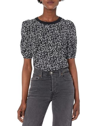 Amazon Essentials Damen Klassische Passform Puff Kurzarm Rundhalsausschnitt T-Shirt Schwarz Weiß Abstraktes Tier Large