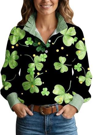 Generic Chemise de la Saint-Patrick pour femme - Col montant boutonn&eacute; amusant - Imprim&eacute; tr&egrave;fle - Chemisier de la Saint-Patrick - Polo &agrave; th&egrave;me irlandais - Haut
