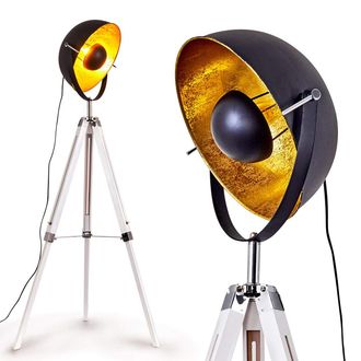 HOFSTEIN Stehlampe Jupiter, Vintage Stehleuchte in Schwarz/Gold aus Metall, Gestell aus Holz in Wei&szlig;, &Oslash; 45cm, E27-Fassung, verstellbare Bodenleuchte im Retro-D