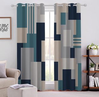 Generic Dunkelblau-Beige Unregelmäßige Geometrie Blickdichte Vorhänge H183 X B117cm Geometrisches Linienmuster Kinderzimmer Gardinen mit Ösen für Mädchenzimme