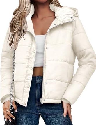 Zeagoo Veste matelassée femme hiver doudoune capuche poches blouson court chaud coupe vent doublure douce fermeture éclair facile à porter Blanc Cassé S