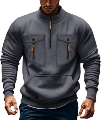 Generic Sweat-shirt l&eacute;ger uni pour homme avec fermeture &eacute;clair 1/4 - Sweatshirt l&eacute;ger d&eacute;contract&eacute; &agrave; manches longues - Col montant - Coupe ajust&eacute;e - Pour entra