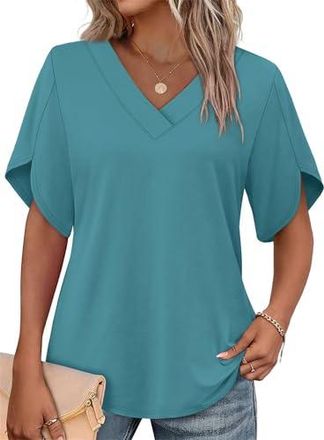 Generic T-shirt d&eacute;t&eacute; &agrave; col en V pour femme, tendance, d&eacute;contract&eacute;, habill&eacute;, &agrave; manches courtes, haut l&eacute;ger, extensible, pour lautomne, Vert, XXL