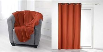 Douceur d'Intérieur Lot Douceur dIntérieur, 1 Plaid 125 x 150 cm en Polaire, Milou + 1 Rideau à Oeillets 140 X 260 Cm 100% Occultant et Isolant, Obscure - Gamme Unie Terr