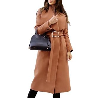 Generic Trench-coat long dhiver pour femme, crois&eacute;, ceintur&eacute;, &eacute;l&eacute;gant col &agrave; revers, kaki, taille moyenne
