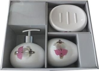 MSV Lot de 3 Accessoires de Salle de Bain Borneo - Distributeurs de Savon, Porte-Savon et Gobelet pour Brosse &agrave; Dents - Blanc - Pratique et &Eacute;l&eacute;gant - Tail