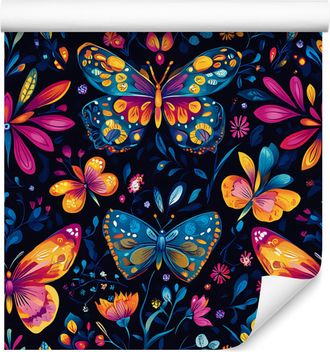 OEM Carta Da Parati Con Farfalle Colorate Blu Navy, Nere E Bordeaux 50x1000 Cm