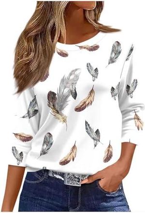 Generic Chemisier tunique à manches 3/4 pour femme - Style décontracté et léger - Col rond - Élégant - Style vintage - Pour sortir, streetwear, 27 Blanc, 44