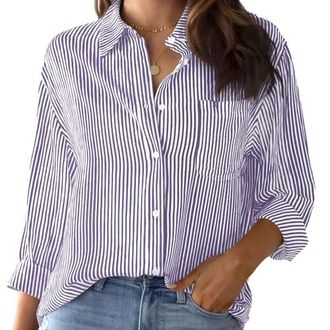 Generic Chemise ray&eacute;e en coton pour femme, petit chemisier surdimensionn&eacute; &agrave; manches longues pour femme, haut de travail, violet, XXL