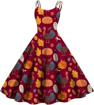 Generic Robe Femme Soiree Robe Cocktail Robe Camisole Élégante Et Polyvalente sur Le Thème de Thanksgiving avec Imprimé de Feuilles DÉrable Et de Dindesrobe d