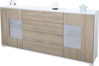 Vladon Sideboard Grömitz V2, Kommode mit 2 großen Türen und 4 Schubladen, Weiß matt/Eiche sägerau (166,5 x 75,5 x 35)