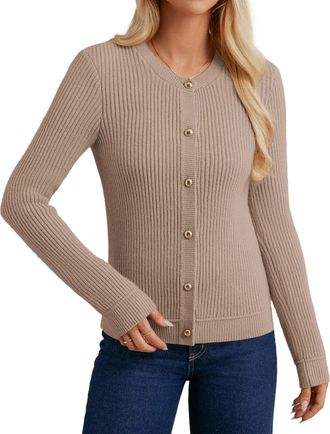 Grace Karin Strickjacke Damen Blau Elegant Rundhals Langarm Herbst Blazer Damen Kurz mit Knopf Business Outfit Dunkle-Aprikose M