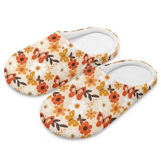 Coloranimal Pantoufles dint&eacute;rieur r&eacute;utilisables en coton pour femme - Pour chambre dinvit&eacute;s - Chaussures dint&eacute;rieur tendance &agrave; bout ferm&eacute;, Fleur Orange Papillon, 