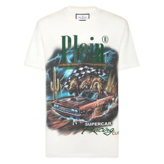 Philipp Plein Homme, Tops, Beige, Taille: 5XL T-Shirt Col Rond Racing