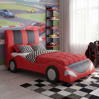 Mendler Bett HWC-E14, Auto Junge Kinderbett Jugendbett, Lattenrost Kunstleder Holz 190x100cm - schwarz-rot