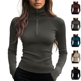 Generic Pull &agrave; col roul&eacute; c&ocirc;tel&eacute; pour femme - Couche de base thermique - Manches longues - Fermeture &eacute;clair, gris, XXL