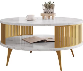 Mirjan24 Couchtisch mit Ablage Rajkon, Runde Form, Metallbeine, Kaffeetisch, Wohnzimmertische, Beistelltisch, Sofatisch, Teetisch (Bianco Marmor, Gold)