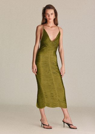 Mango Robe &agrave; franges avec dos nu vert - Femme - XS - MANGO