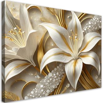 Feeby Bild auf Leinwand - Wandbilder Wohnzimmer Aesthetic - Lilien Glamour Gold Kunst - 120x80 1tlg - Schlafzimmer Wandekoration - Bilder Zimmer - Living Ro