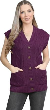 Janisramone Cardigan sans manches boutonn&eacute; pour femme, gilet en tricot torsad&eacute; &agrave; col en V avec poches avant, cardigan confortable et chaud &agrave; 5 boutons pour femme,