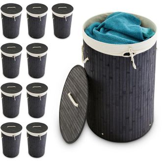Relaxdays 10 x W&auml;schekorb Bambus, faltbare W&auml;schetonne mit Deckel, Volumen 70 Liter, W&auml;schesack Baumwolle, rund &Oslash; 41 cm, schwarz