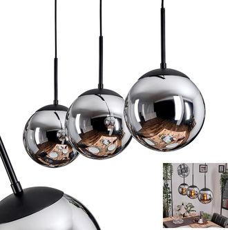 HOFSTEIN Hängeleuchte Gastor, Hängelampe aus Metall/Glas in Schwarz/Chrom/Rauchfarben Leuchte im modernen Retro/Vintage-Design mit Schirmen aus Glas (Ø 20 cm),