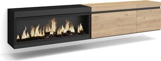 Skraut Home | TV-Schrank, Lowboard | f&uuml;r Wohnzimmer und Esszimmer | 237x45x35 cm | F&uuml;r gro&szlig;formatiges TV | Elektrokamin XXL | H&auml;ngend | Moderner Stil | Eiche Schw