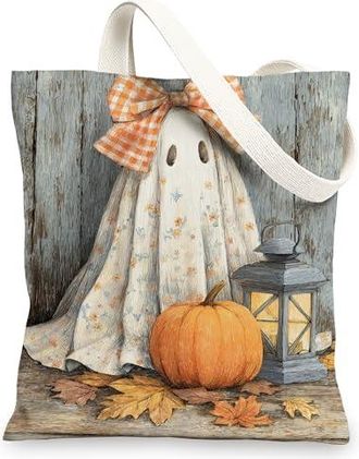 Generic Sacs fourre-tout vintage en toile motif citrouille dHalloween rustique, sacs dépicerie réutilisables, légers et lavables avec bandoulière pour voyage,