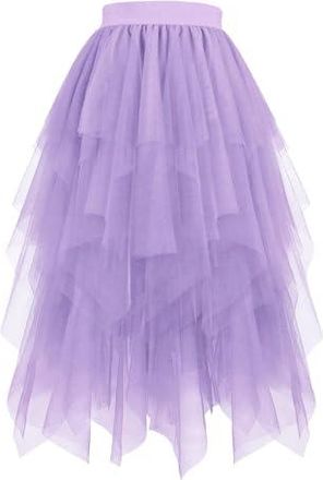 Generic Jupe en tulle pour femme, ligne A, taille haute &eacute;lastique, jupe midi, jupe superpos&eacute;e irr&eacute;guli&egrave;re, jupe dHalloween en mousseline blanche, lilas, XL