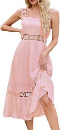 Generic Robe d&eacute;t&eacute; sans manches pour femme, style boh&egrave;me, d&eacute;contract&eacute;e, &agrave; col carr&eacute;, smock&eacute;, &agrave; motif floral, robe d&eacute;t&eacute;, robe de plage, vacances, robe baggy pou