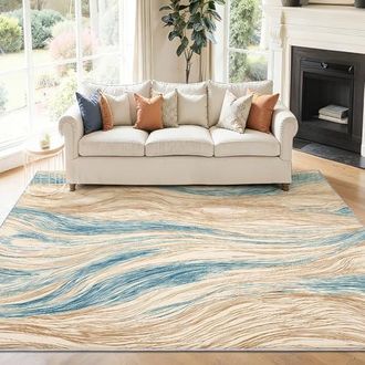 Generic Beige Tapis Salon Petit Tapis, 140 x 200 cm Paillasson Interieur Entree Antid&eacute;rapant, Abstrait Grain De Bois Vagues Courbes Decoration Maison Grand Ca