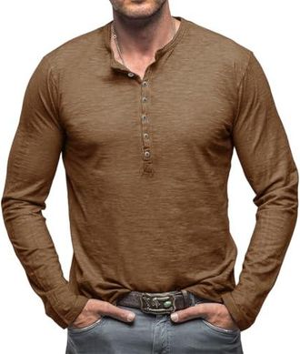 ORANDESIGNE Henley T-Shirts à Manches Longues Homme Bouton Été Causal Slim Fit Col Tunisien Tee Shirt Casual Chemises A Marron XS