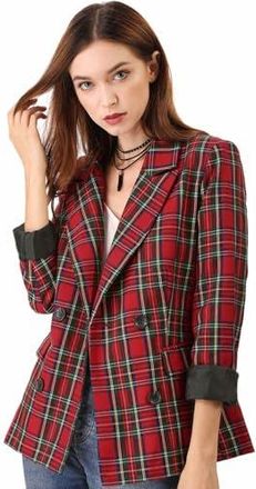 Allegra K Blazer Formel Double Boutonnage &agrave; Carreaux pour Femme Rouge, Vert 3XL