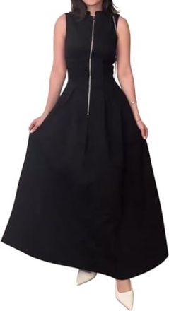 Minetom Femme Robe Longue Casual Col en V Fermeture Éclair Maxi Robe Élégante sans Manches A-Line Soirée Party Robe A Noir XL