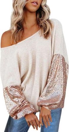 Generic Top femme &agrave; &eacute;paules d&eacute;nud&eacute;es &agrave; paillettes hauts pour femmes, pulls &agrave; la mode sweats occasionnels scintillants patchwork chemisiers &eacute;l&eacute;gants pull en tr
