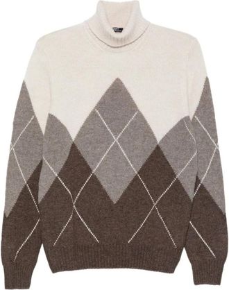 Barba Pull &agrave; col roul&eacute; &agrave; motif losanges - Homme - Pulls - Beige - Taille: M