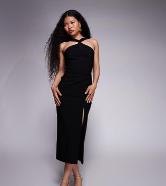 Vesper Petite - Robe dos nu longueur mollet en bengaline avec fente lat&eacute;rale et d&eacute;tail torsad&eacute; &agrave; lavant - Noir