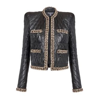 Balmain Femme, Vestes, Noir, Taille: 34 FR Veste en cuir matelass&eacute; et cha&icirc;nes