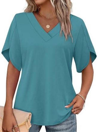 Generic T-shirt d&eacute;t&eacute; &agrave; col en V pour femme, tendance, d&eacute;contract&eacute;, habill&eacute;, &agrave; manches courtes, haut l&eacute;ger, extensible, pour lautomne, Vert, XXL