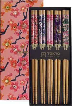 Tokyo Design Studio ESS-St&auml;bchen aus Holz, 5-er Set, Sakura Patterns, 22,5 cm lang, inkl. Geschenk-Box