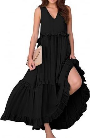 Generic Robe boh&egrave;me 2026 pour femme, col sans manches avec plis superpos&eacute;s, coupe ample et jupe longue fluide, &eacute;l&eacute;gante et d&eacute;contract&eacute;e, plage, Noir, XXL