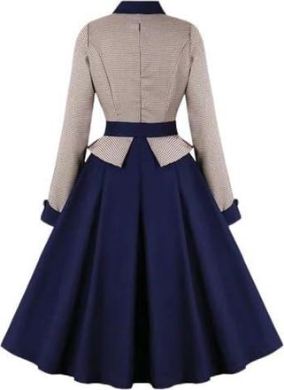 Generic Patchwork à Manches Longues Automne Hiver Femmes Robe Vintage Pied-de-Poule imprimé à Volants années 60 années 1950 Style balançoire décontracté Burea