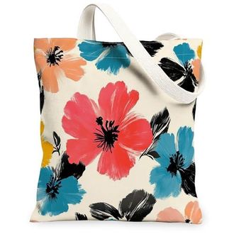 Generic Sac fourre-tout en toile avec fleurs dhibiscus de printemps pour le shopping, 33 x 38 cm, sac d&eacute;picerie r&eacute;utilisable vintage r&eacute;tro pour femme, esth&eacute;ti