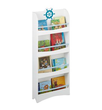 Relaxdays Bücherregal Kinder, HBT 124 x 50,5 x 15 cm, 4 Fächer, MDF, maritimes Kinderbücherregal, Kinderregal, weiß/blau
