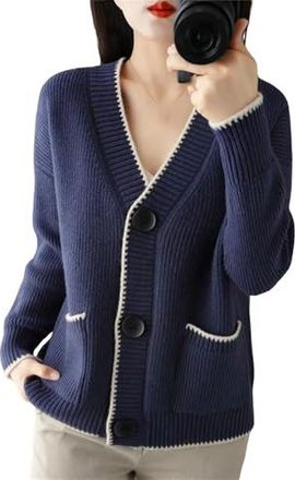 Generic Pull dhiver en tricot &agrave; col en V pour femme - Manches longues - Style d&eacute;contract&eacute;, bleu marine, Taille S