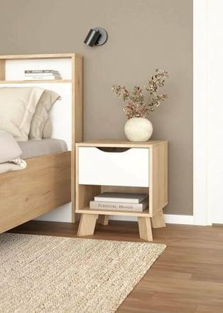 Dmora Nachttisch Aureli, Niedrige Kommode, Tisch, Multifunktionaler Nachttisch, 40x40 h47 cm, Eiche und Wei&szlig;