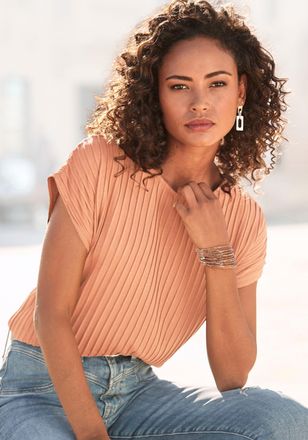 Lascana Kurzarmshirt LASCANA, Damen, Gr. 32/34, orange (peach), Jersey, Obermaterial: 62% Polyester, 33% Viskose, 5% Elasthan, unifarben, figurumspielend h&uuml;ft