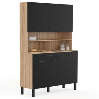 IDMarket Buffet de cuisine 120 CM CINA 6 portes + tiroir façon hêtre et noir